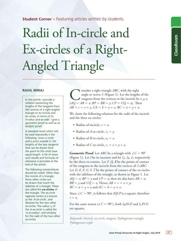 Radii of In-Circle and Ex-Circles of A Right-Angled Triangle - at Right ...