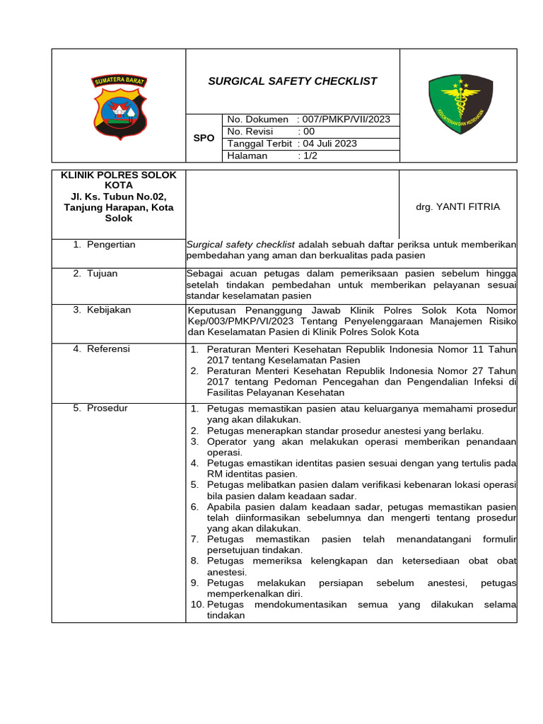 Sop Surgical Safety Checklist | PDF