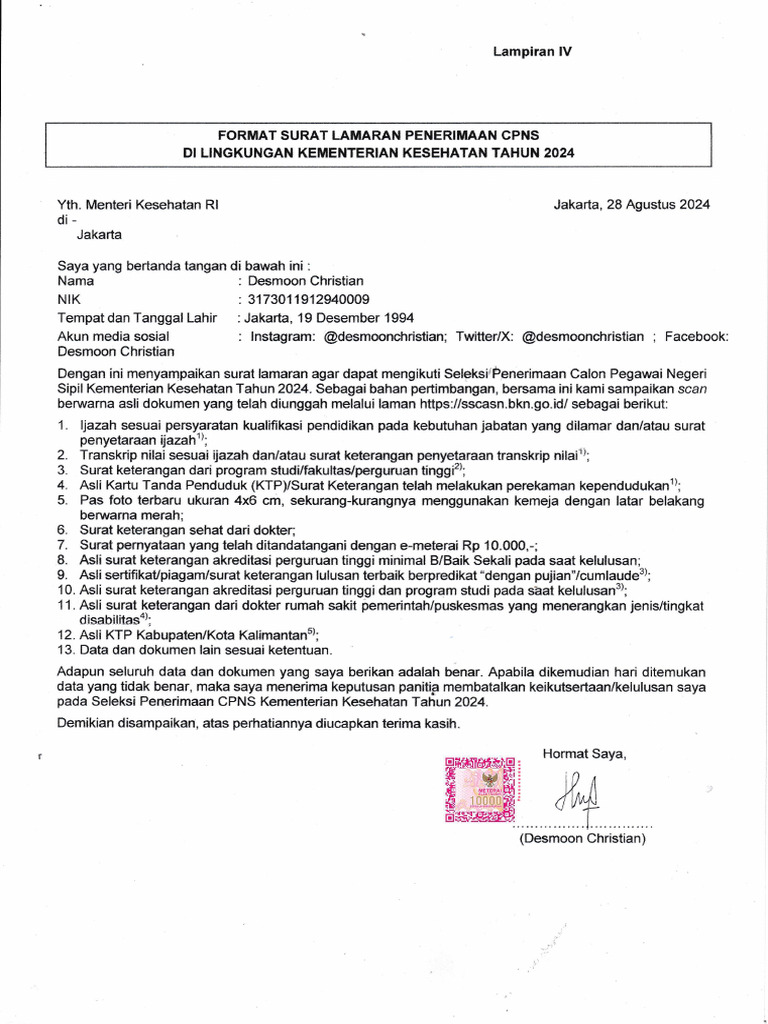 Surat Lamaran E-Materai | PDF