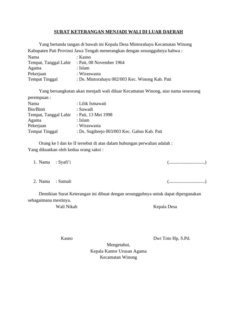 SURAT KETERANGAN MENJADI WALI DI LUAR DAERAH | PDF