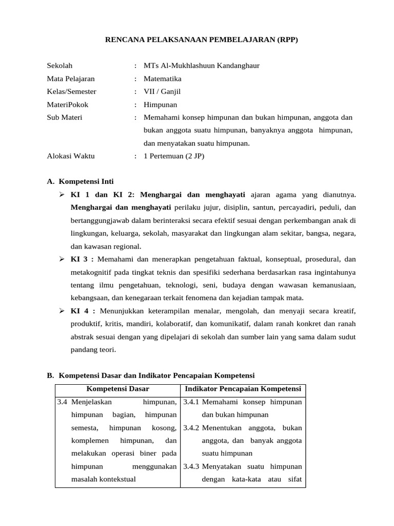 RPP Memahami Konsep Himpunan | PDF