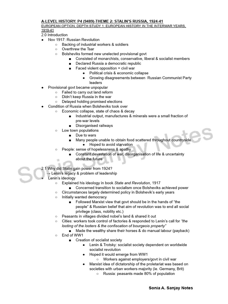 A Level History - P4 9489 Theme 2 - Stalins Russia 1924 41 2 | PDF