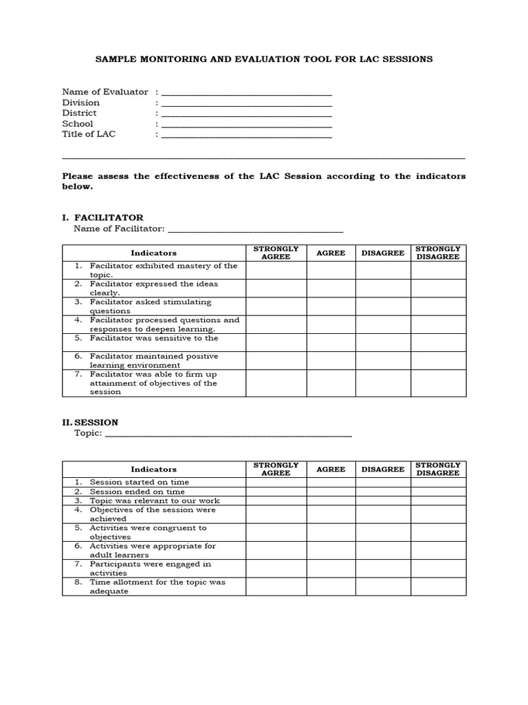 Sample Monitoring and Evaluation Tool For Lac Sessions | PDF