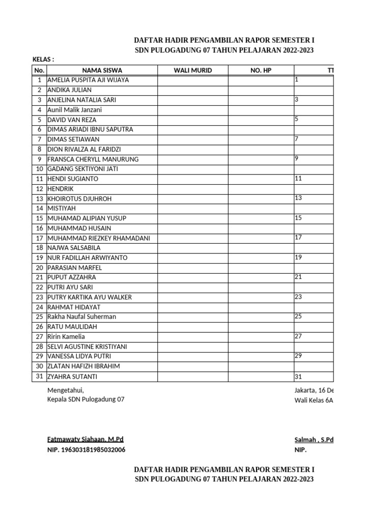 Daftar Hadir Pengambilan Raport PG 07 | PDF