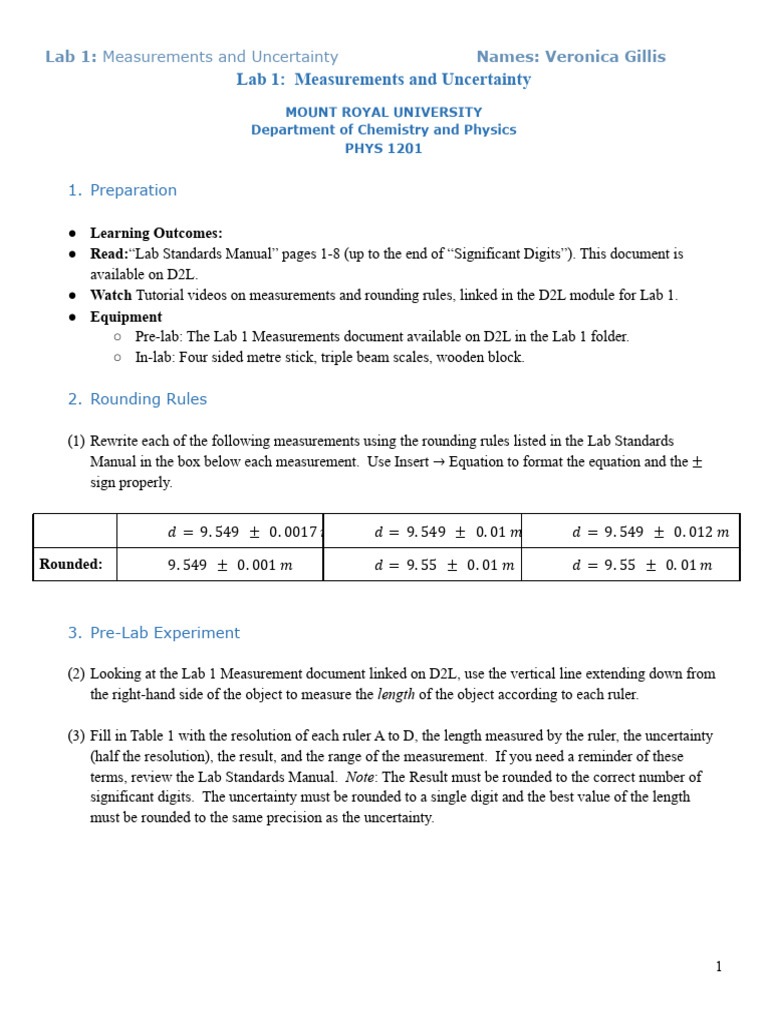 Lab 1 Measurements and Uncertainty | PDF