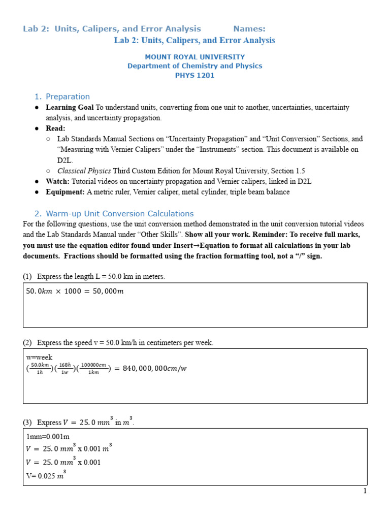 Lab 2 - Units, Calipers, and Error Analysis | PDF