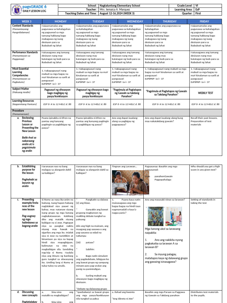 DLL - ESP6 WEEK 3 - Q1 by Teacher KJ VAL | PDF