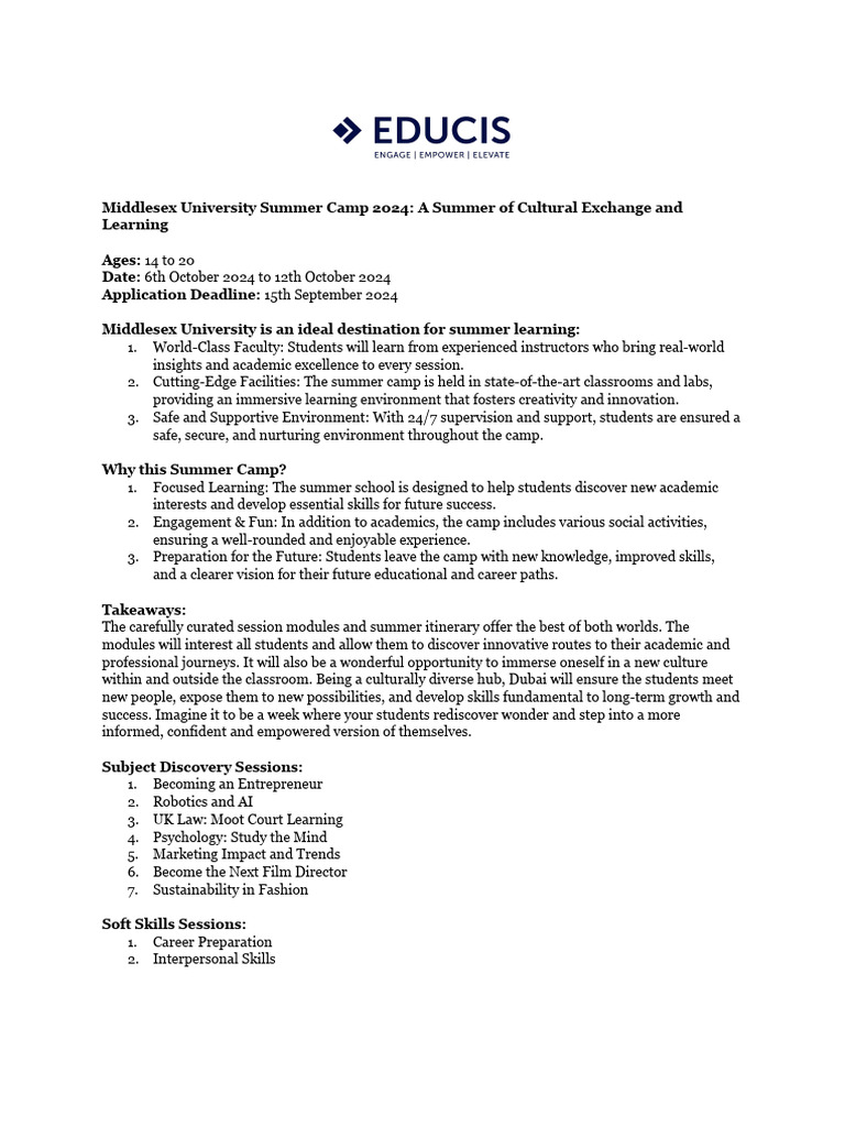 Middlesex University Summer Camp Circular DPS Neelbad | PDF