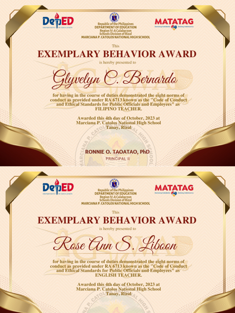 2023 Certificate For Exemplary Behavior | PDF