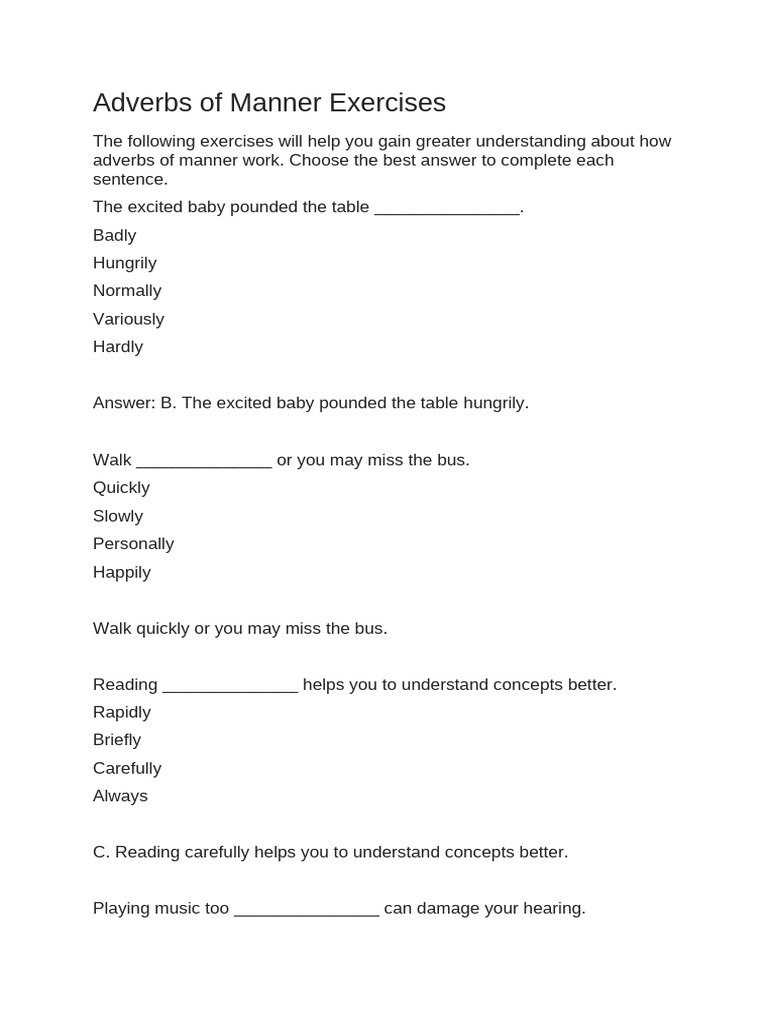 Adverbs of Manner Exercises | PDF