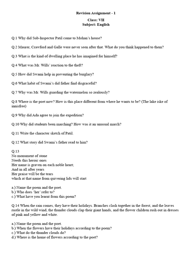 Revision Assignments Class VII | PDF | Language Arts & Discipline
