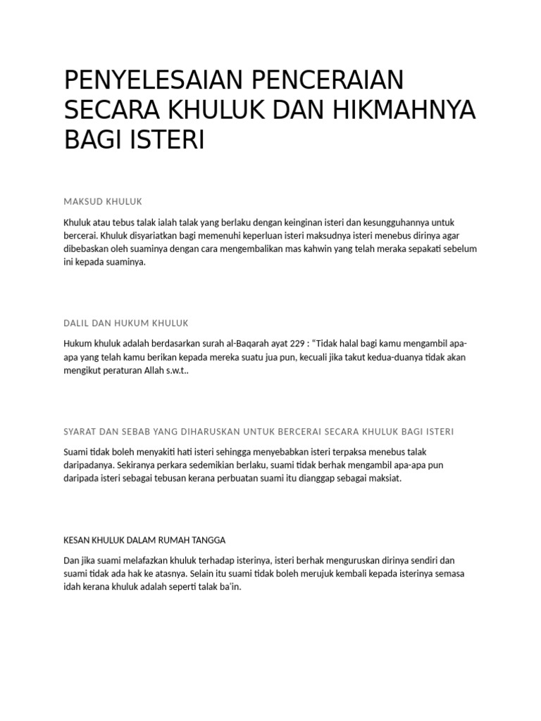Penyelesaian Penceraian Secara Khuluk Dan Hikmahnya Bagi Isteri | PDF