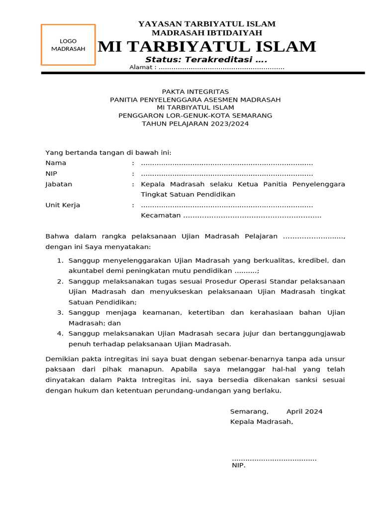 Pakta Integritas Panitia Ujian | PDF