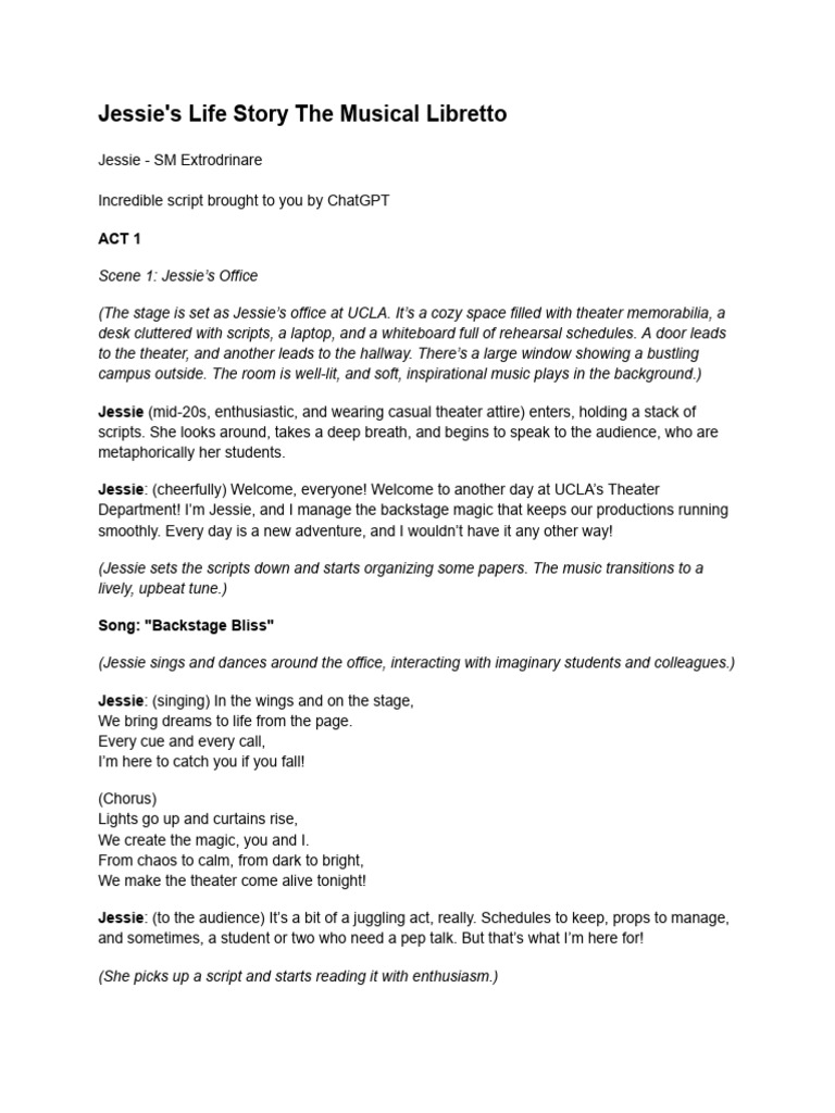 Jessie's Life Story The Musical Libretto | PDF