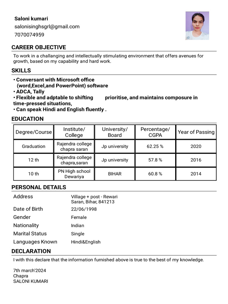 Resume - SALONI KUMARI - Format1 | PDF
