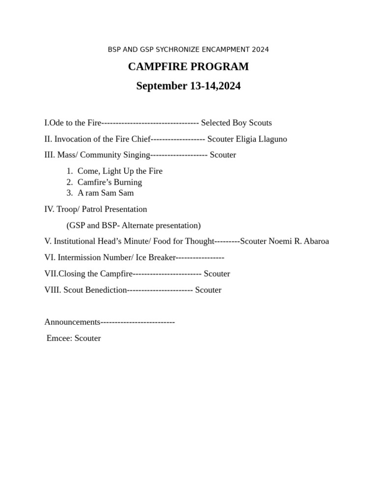 BSP AND GSP SYCHRONIZE ENCAMPMENT 2024 - Campfire Program | PDF