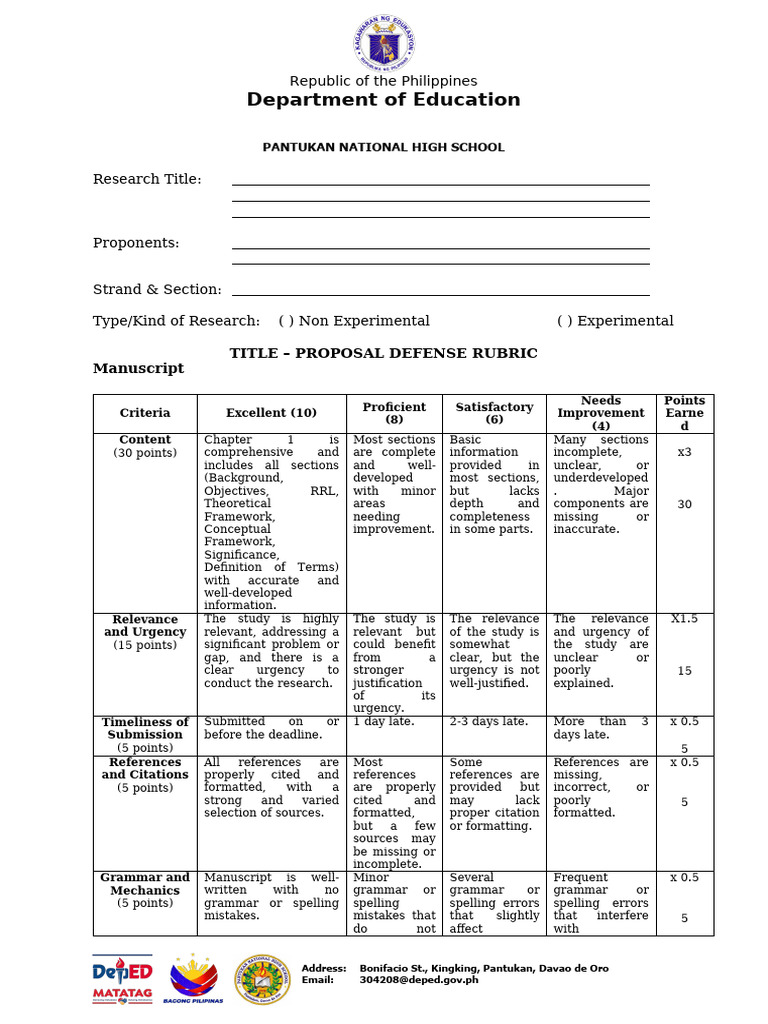 Rubric For Title Proposal Defense | PDF