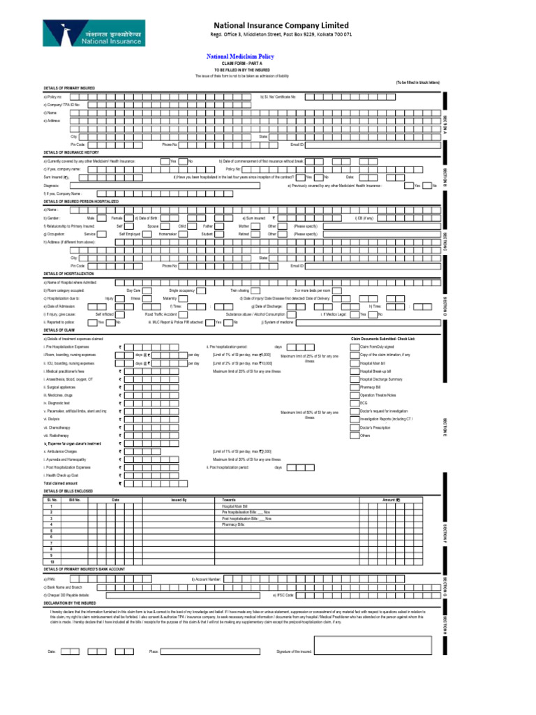 NIC - Claim Form Part A | PDF