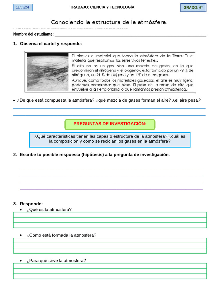 6° FICHA DE TRABAJO SETIEMBRE CyT | PDF | Atmósfera | Atmósfera de tierra
