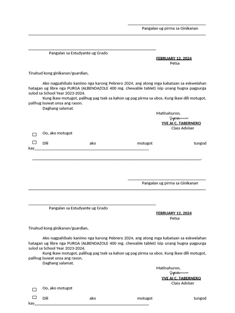 Deworming Parents Permit | PDF | Wellness