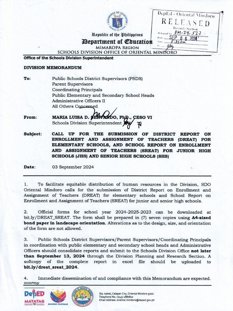 DM Call Up For The Submission of DREAT For Elementary Schools and SREAT ... DM Call Up For The Submission of DREAT For Elementary Schools and SREAT ...