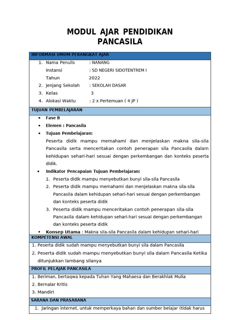 Modul Pancasila Kelas 3 Oke | PDF