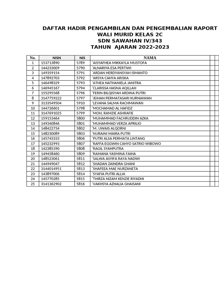 Daftar Hadir Pengambilan Dan Pengembalian Raport | PDF