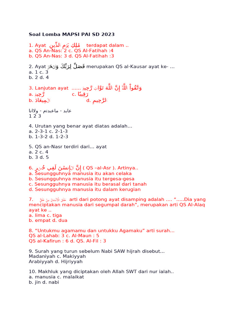 Soal Lomba MAPSI PAI SD 2023 | PDF