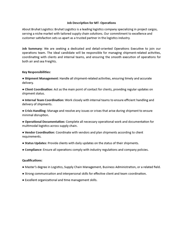 Job Description For MT - Operations | PDF