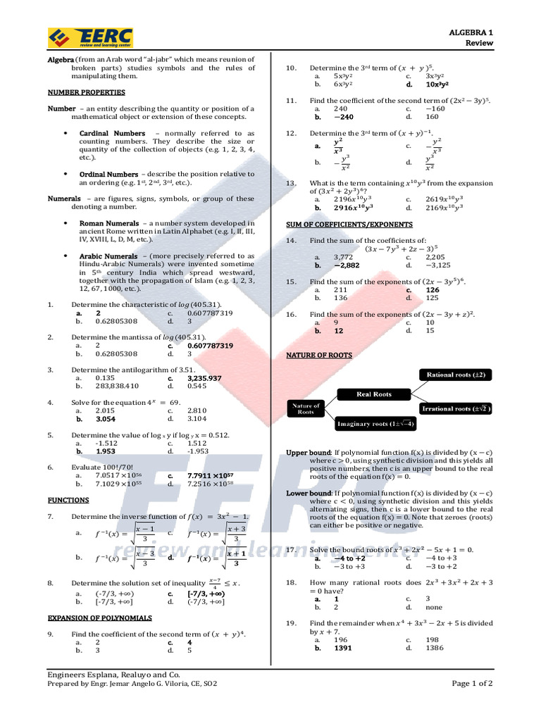 Algebra 1 (Review Handout) | PDF