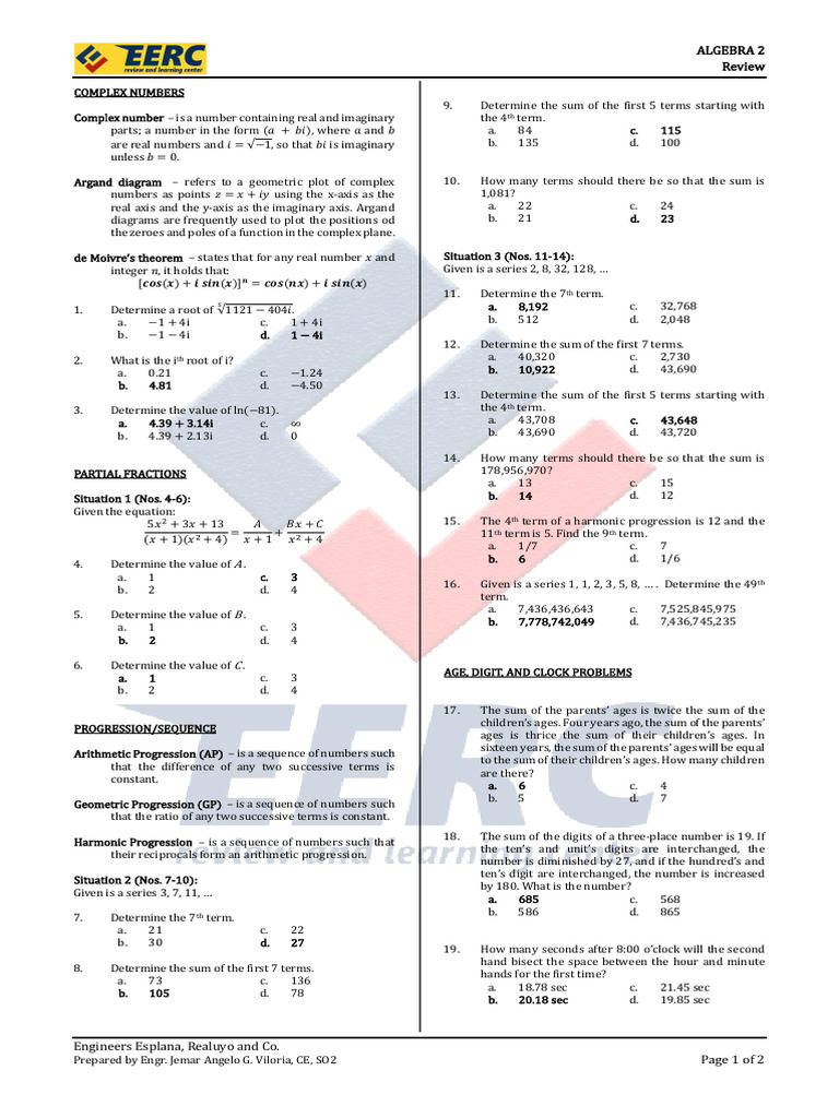 Algebra 2 (Review Handout) | PDF