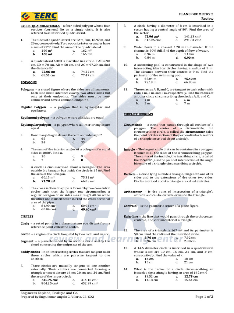 Plane Geometry 2 (Review Handout) | PDF