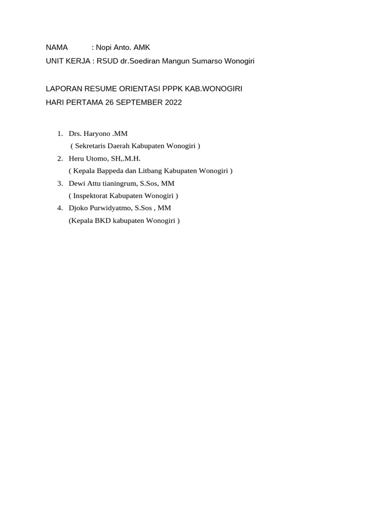 Laporan Resume Orientasi PPPK Kab | PDF