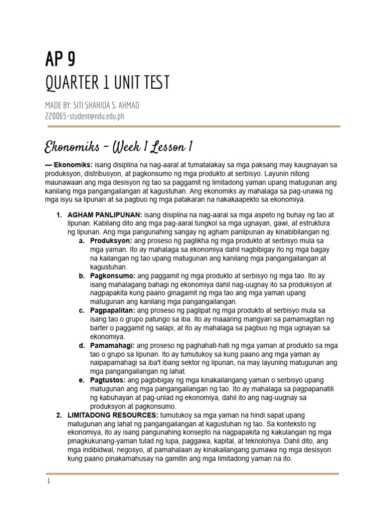 Ap 9 Q1 Unit Test | PDF