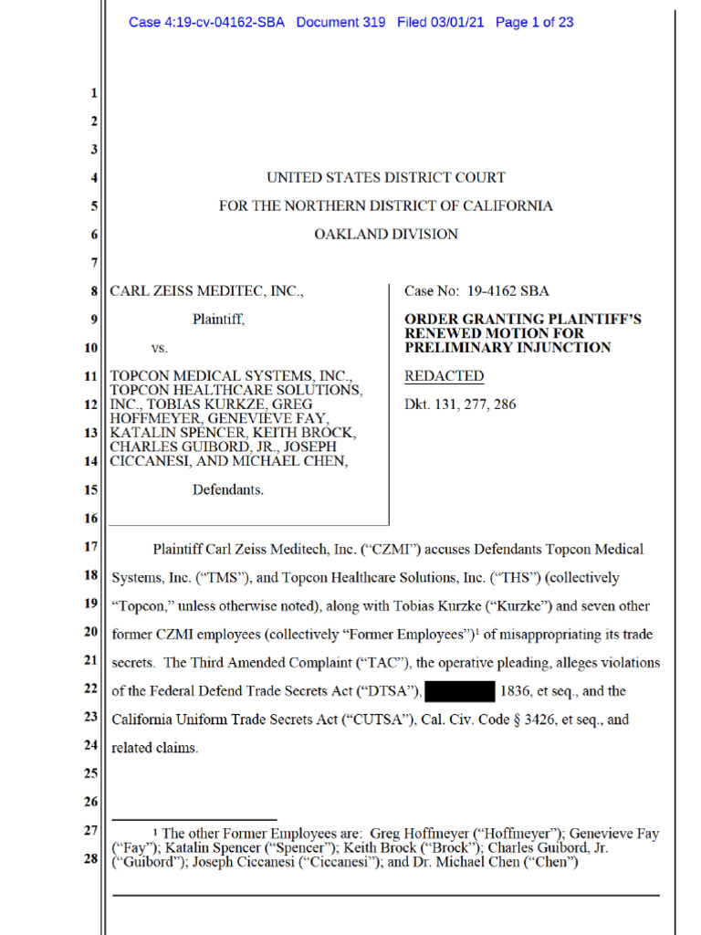 Case 1 of 8 - Carl-Zeiss-v.-Topcon - Armstrong-PI-order-1 - Redacted | PDF