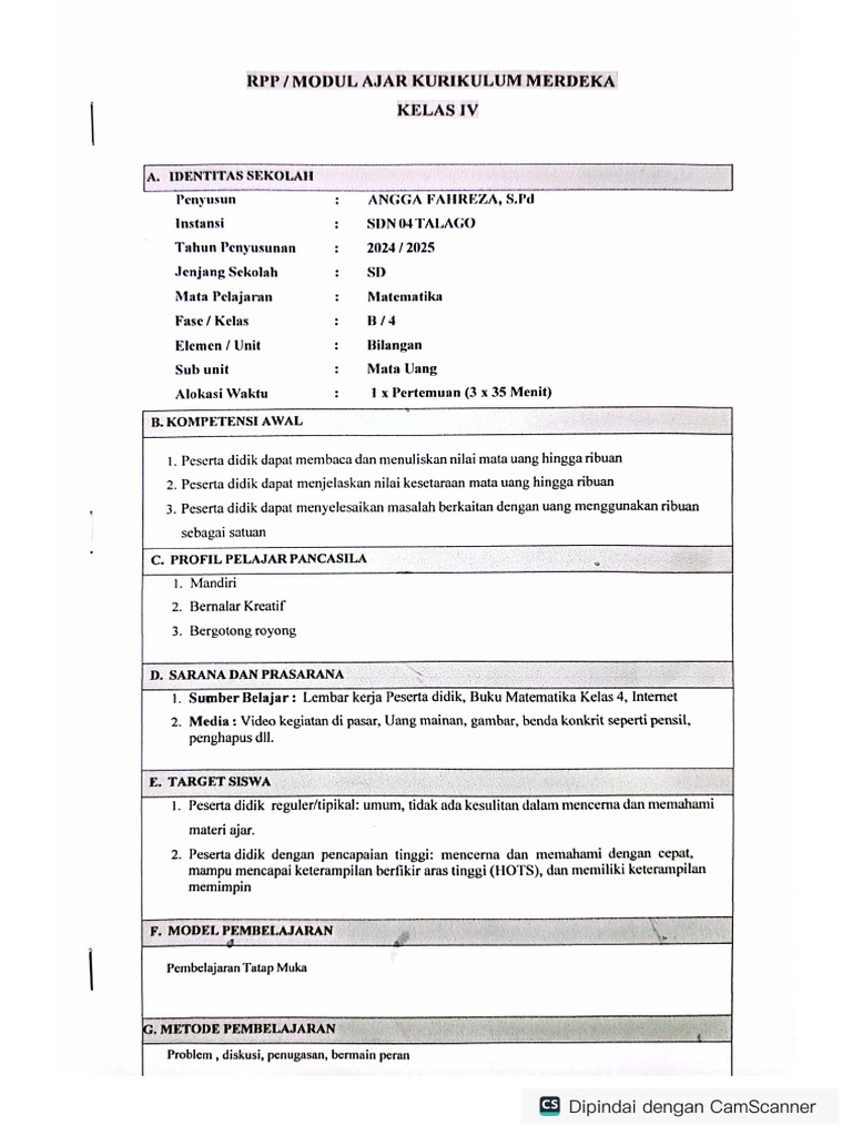 RPP Observasi Kelas SMT 1 T.P 2024-2025 - Halaman 1 | PDF