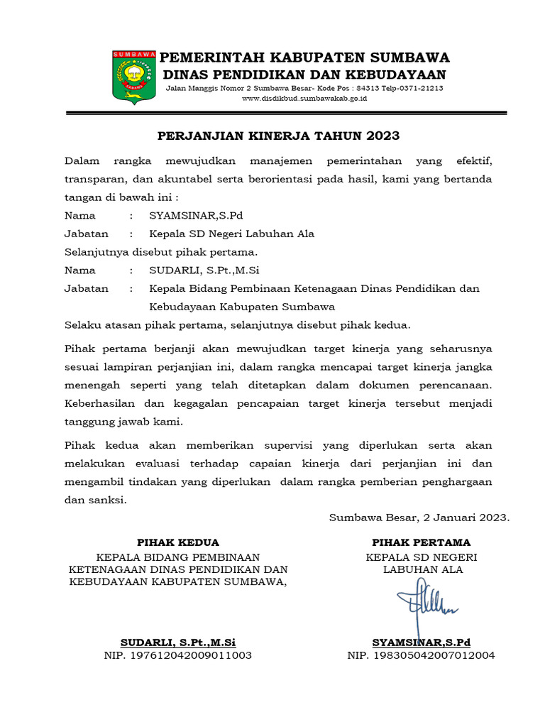 Perjanjian Kinerja Kepsek SDN LAB ALA | PDF