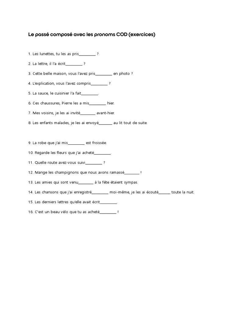 Le Passé Composé Avec Les Pronoms COD - Exercices | PDF
