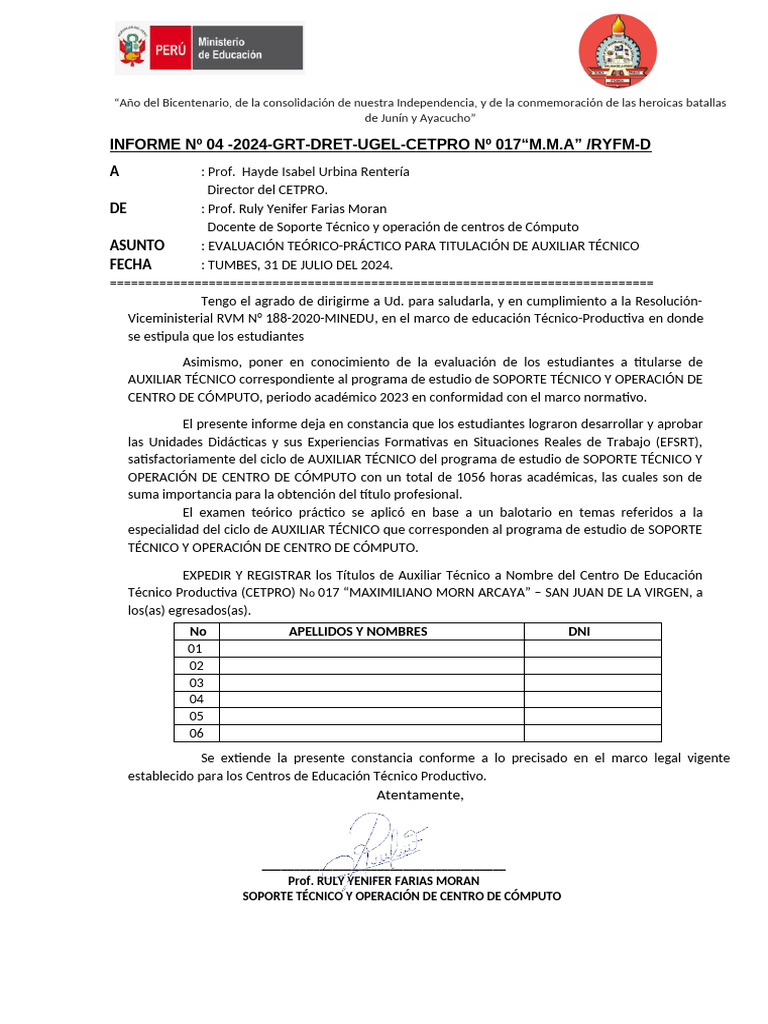 Informe de Titulo Auxiliar Tecnico | PDF