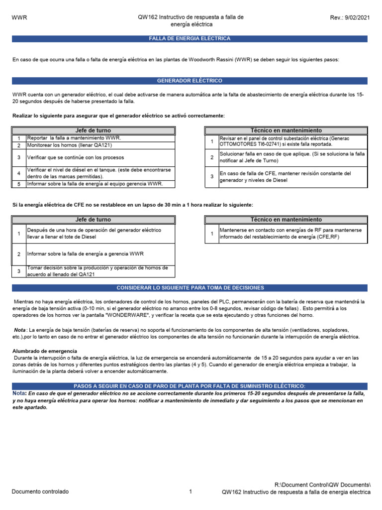 QW162 Instructivo de respuesta a falla de energia electrica | PDF
