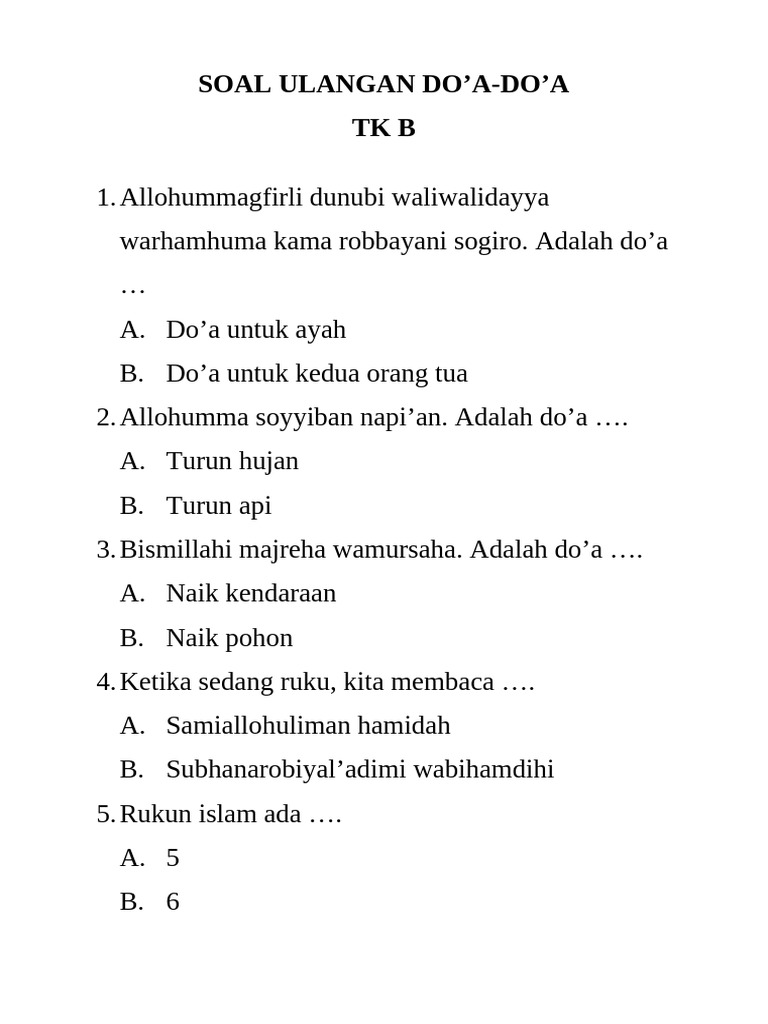 Soal Soal TK An Nawawi | PDF