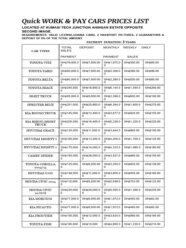 Quick Work & Pay Cars Prices List | PDF