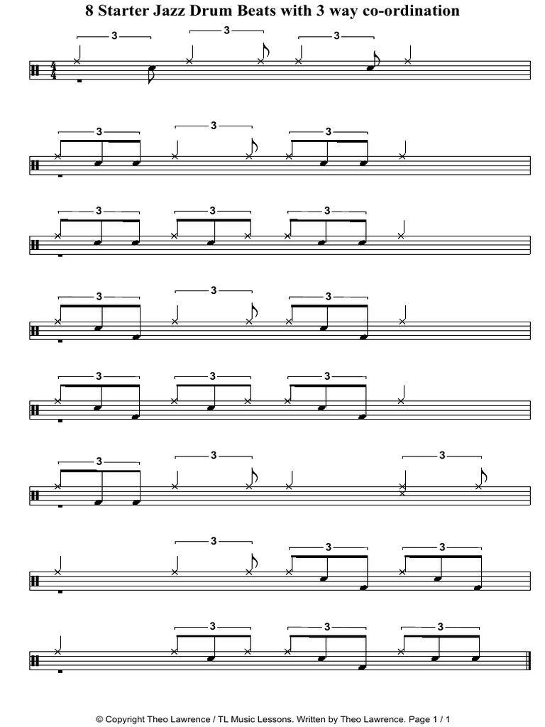 8 Starter Jazz Drum Beats With 3 Way Co Ordination | PDF