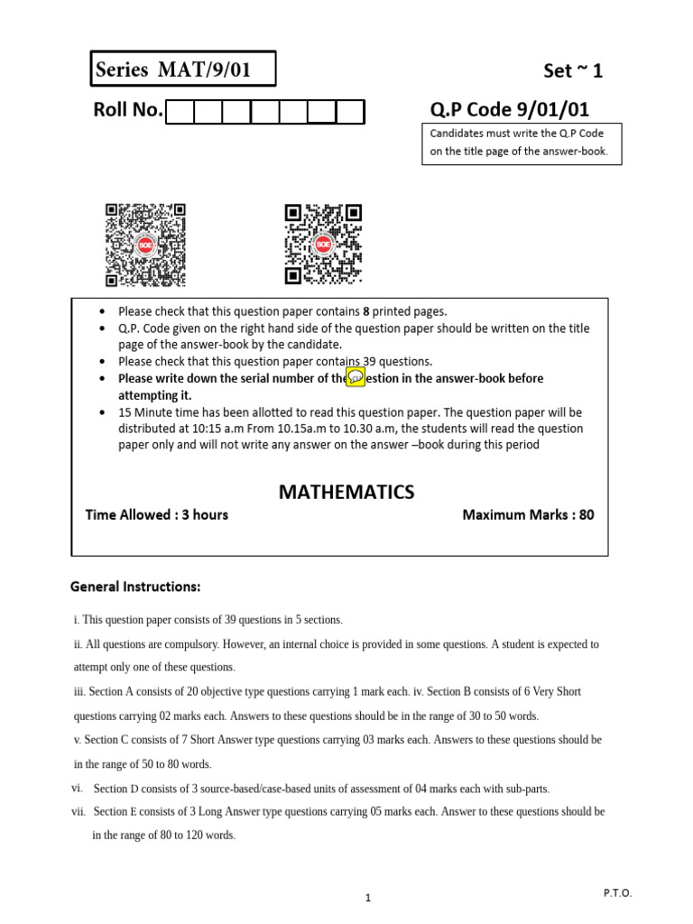 Sample Papers Maths | PDF