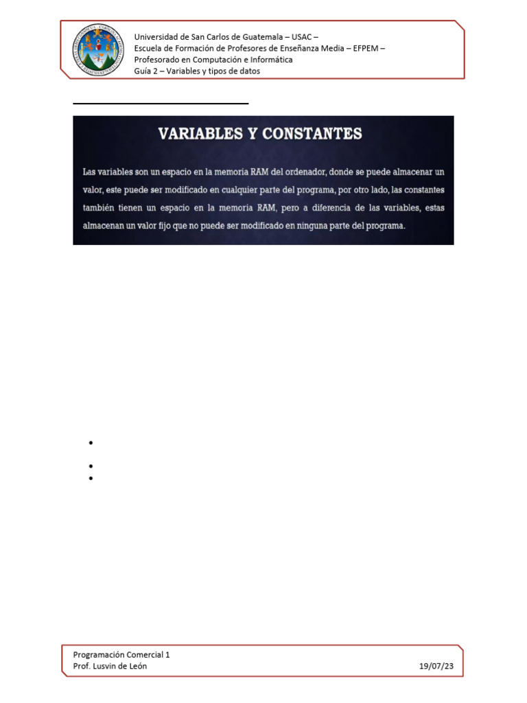 Guia 2 - Comercial 1 - Variables y Tipos de Datos | PDF