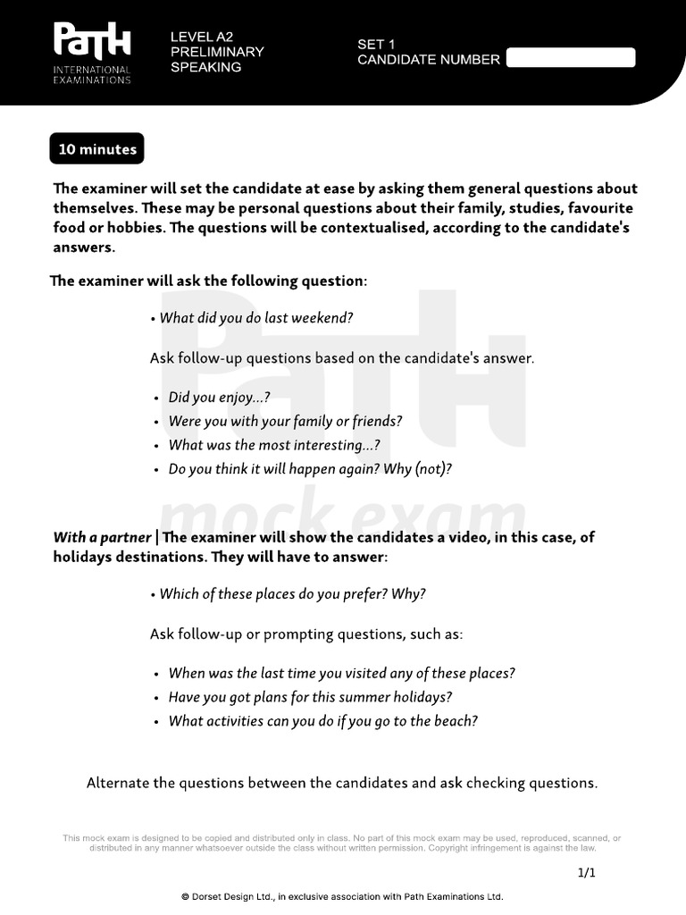 a2 Preliminary - Set 1 - Speaking (1) | PDF