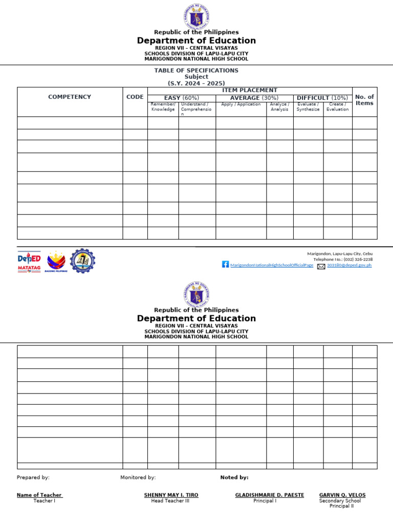 Sample Tos 2024-2025 | PDF