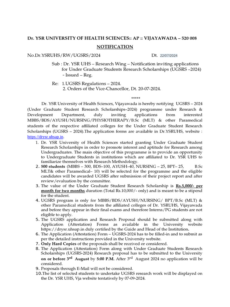 Dr. Ysr University of Health Sciences:: Ap:: Vijayawada - 520 008 Notification | PDF