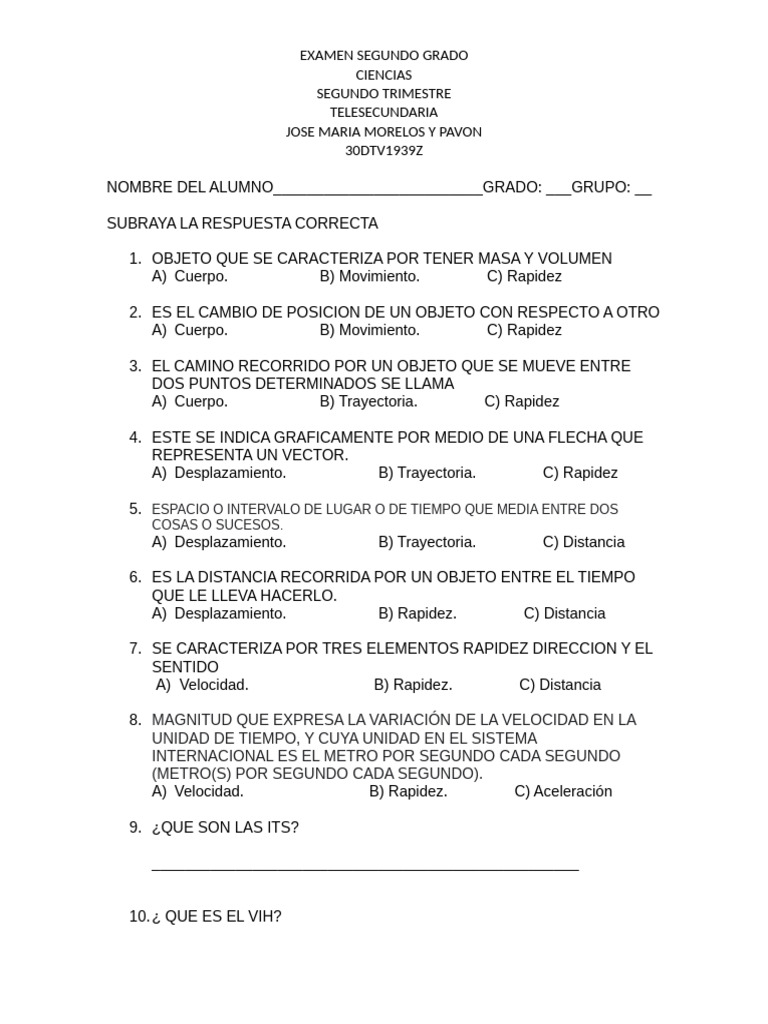 Examen Segundo Grado Ciencias | PDF