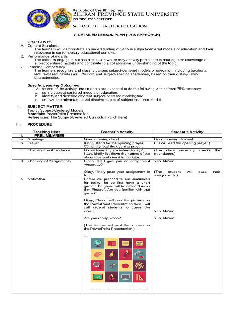 4a's Lesson Plan - Subject-Centered Models | PDF | Curriculum | Career ...